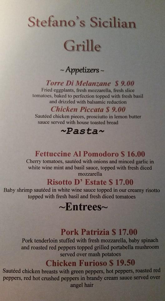 Menu at Stefano's Sicilian Grille restaurant, Whitehall
