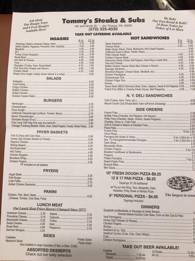 Menu at Tommy's Subs fast food, Jim Thorpe