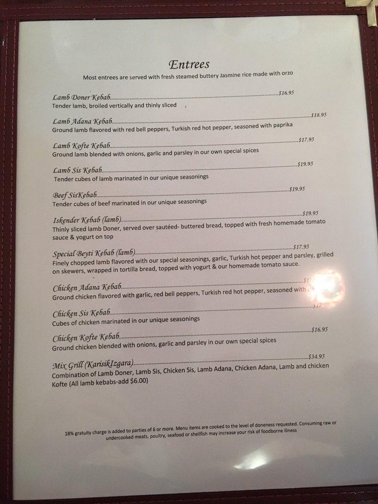Menu at Zeytin Turkish Cuisine restaurant, Orlando