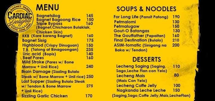 Menu at Cardiac Delights restaurant, Marikina