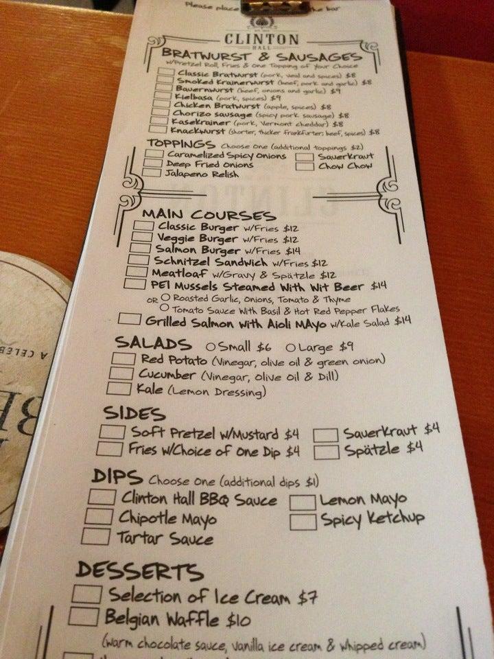 Menu at Clinton Hall pub & bar, New York City, 90 Washington St
