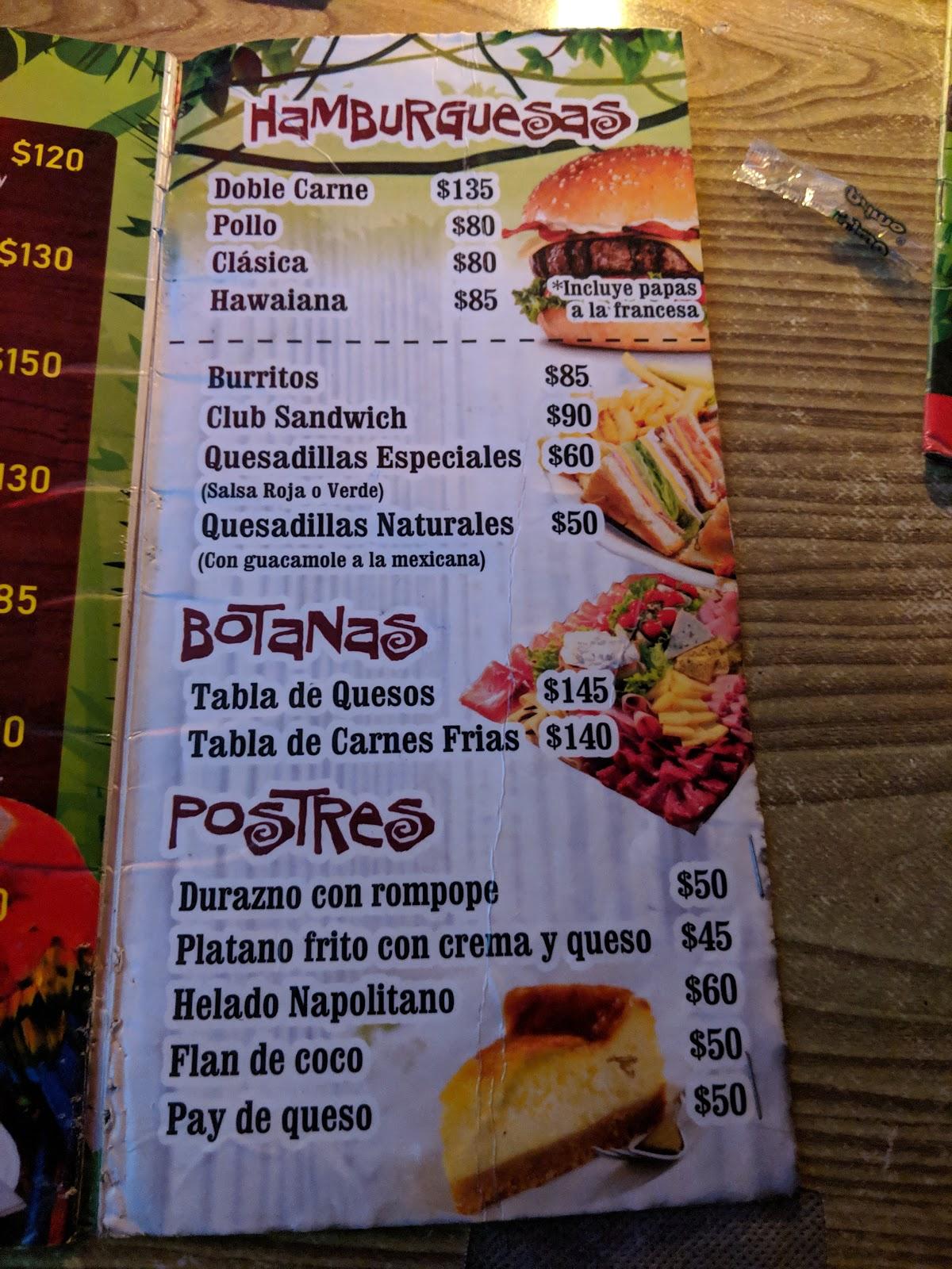 Menu at Jungla Maya Kanta Bar, Palenque, Carretera Federal Palenque ...
