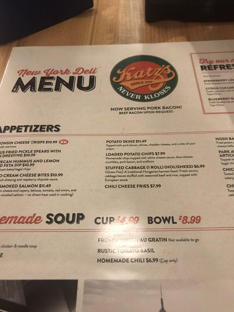Menu at Katz's restaurant, Houston, 616 Westheimer Rd