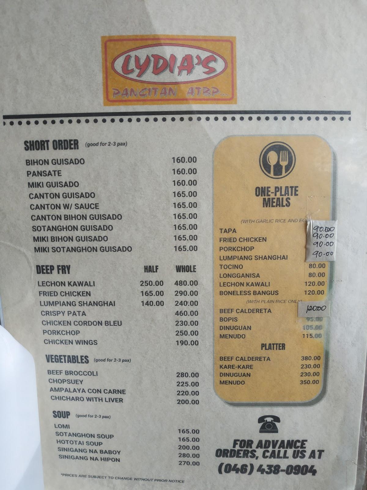 Menu at Lydia's Pancitan Atbp. restaurant, Noveleta, CVGJ+PP9
