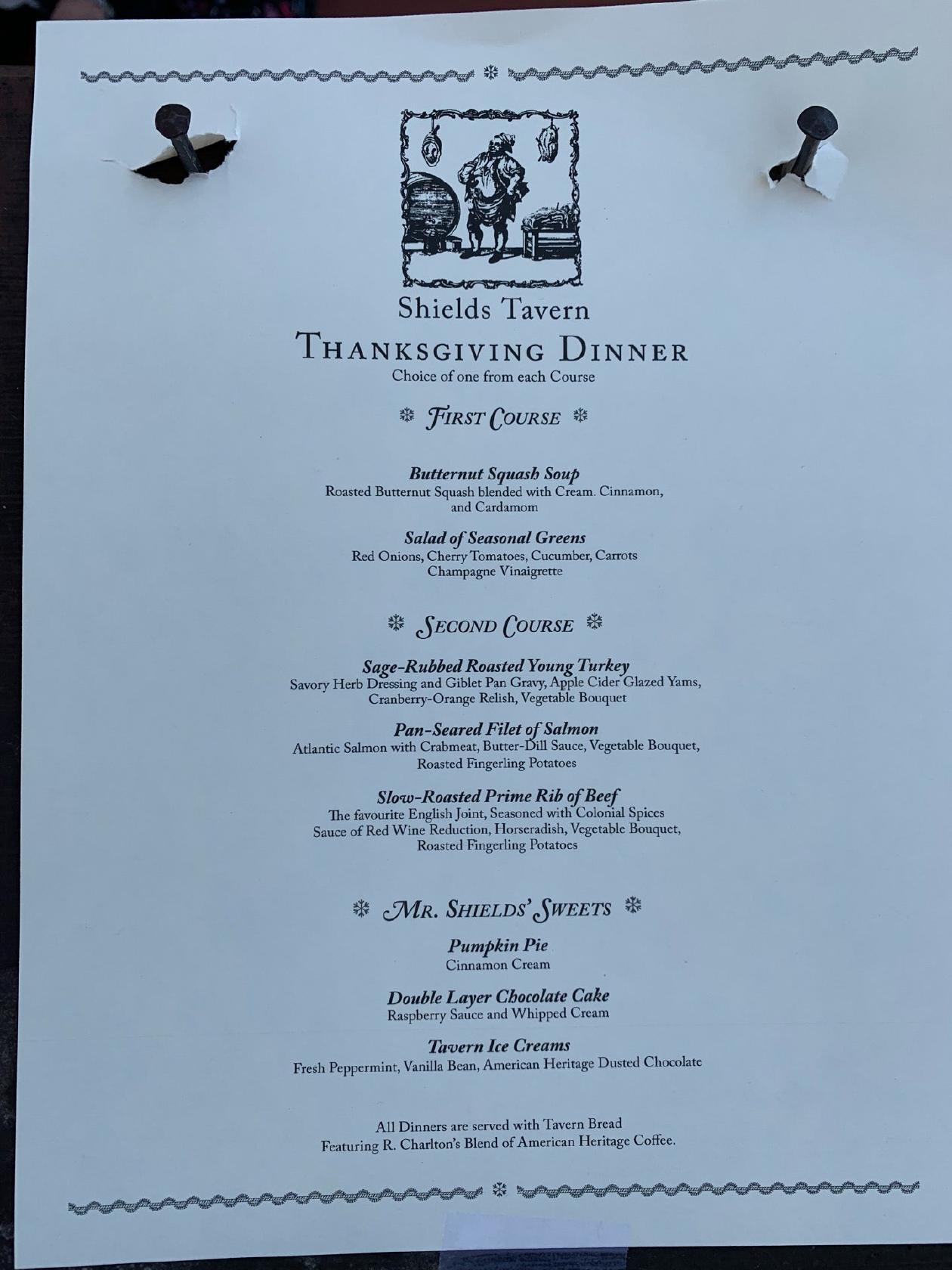 Menu at Shields Tavern restaurant, Williamsburg