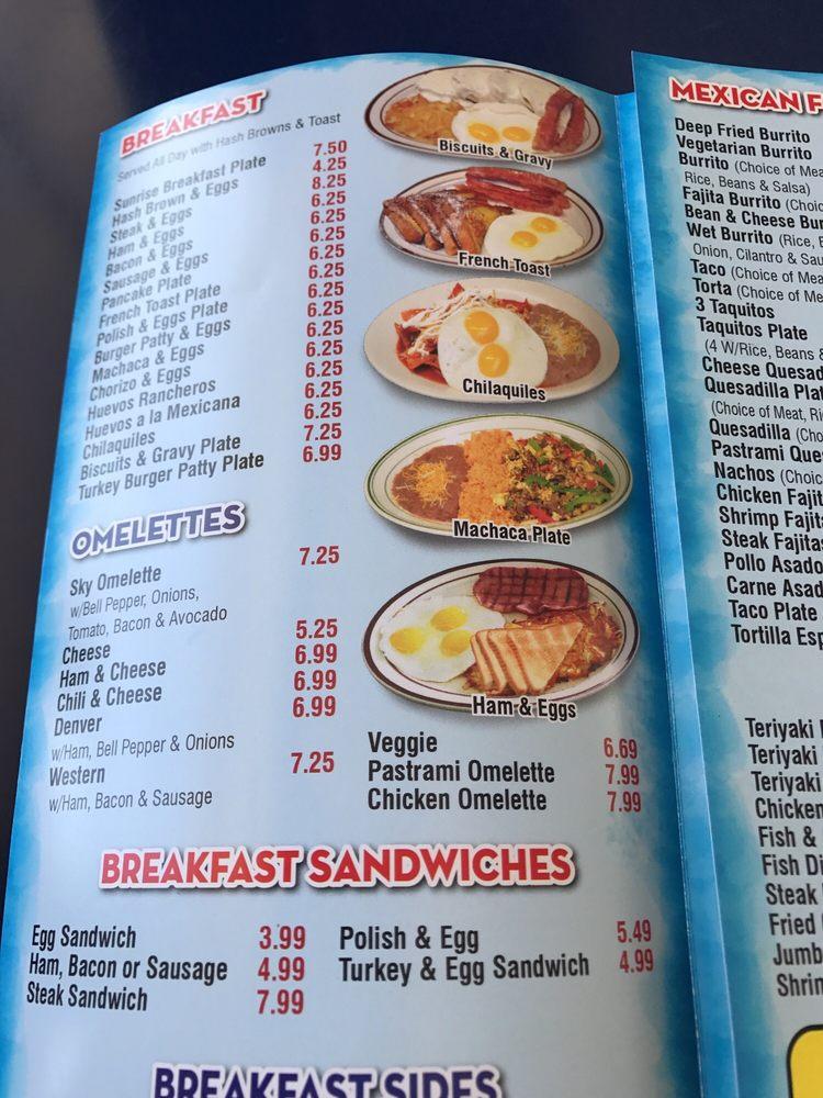 Menu at Sky Burgers restaurant, Paramount