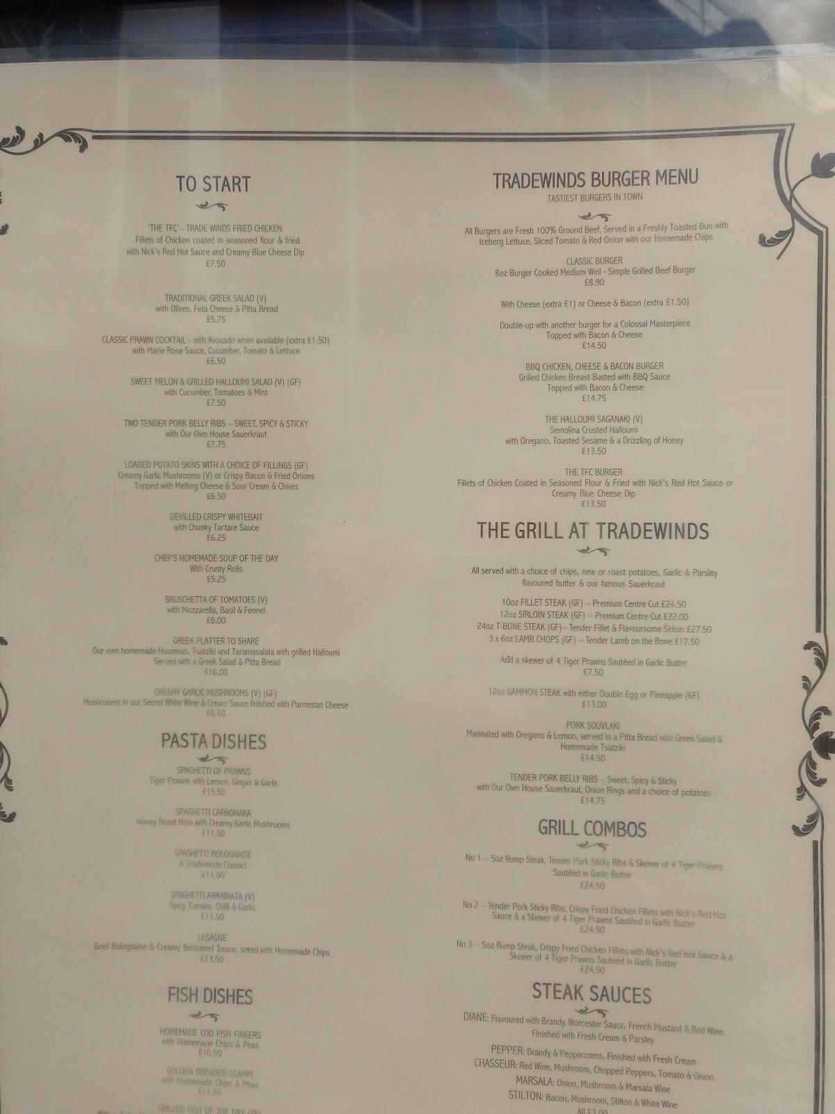 Menu at Trade Winds restaurant, Teignmouth