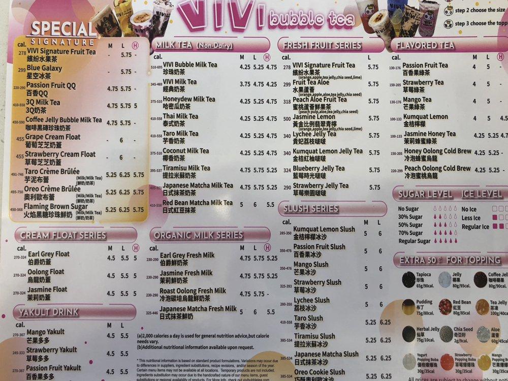 Menu at ViVi Bubble Tea restaurant, Palisades Park