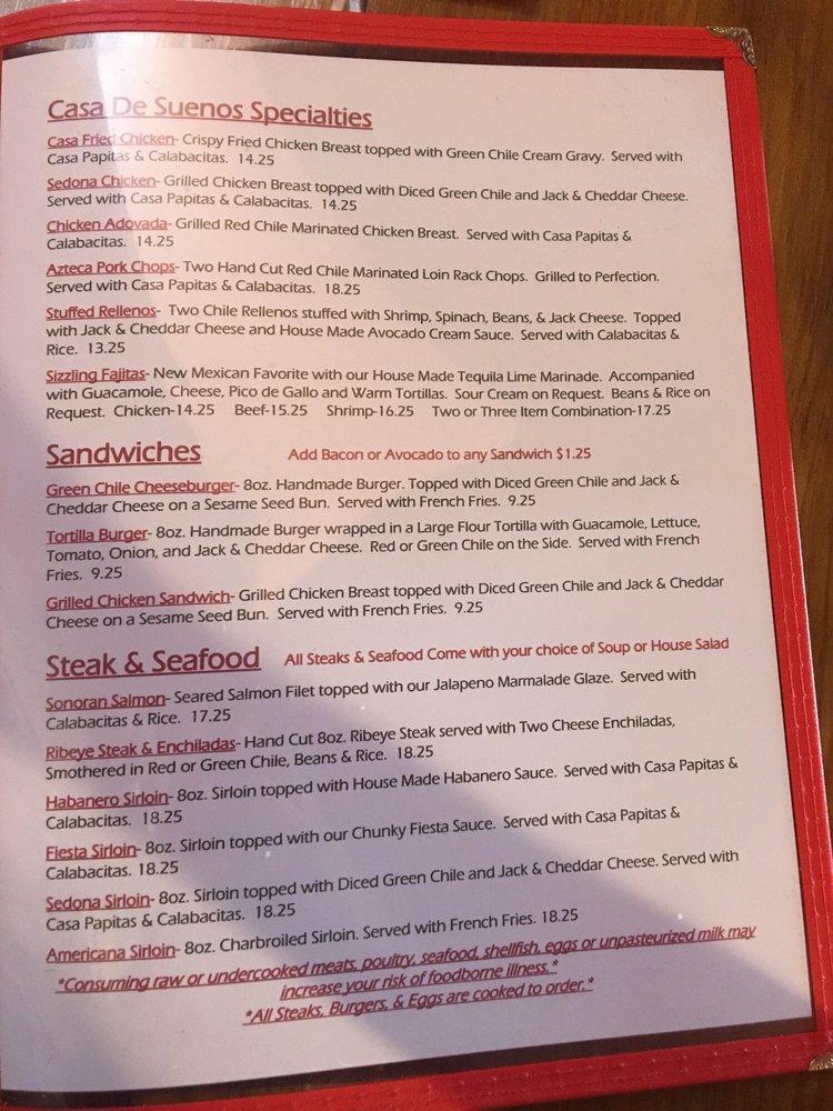 Menu at Casa De Suenos restaurant, Tularosa