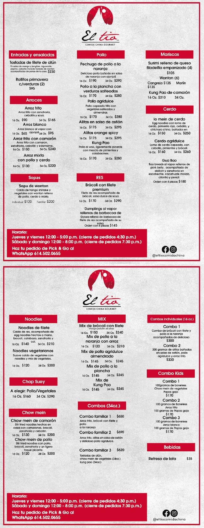 Carta del restaurante El Tío Comida China Américas, Chihuahua