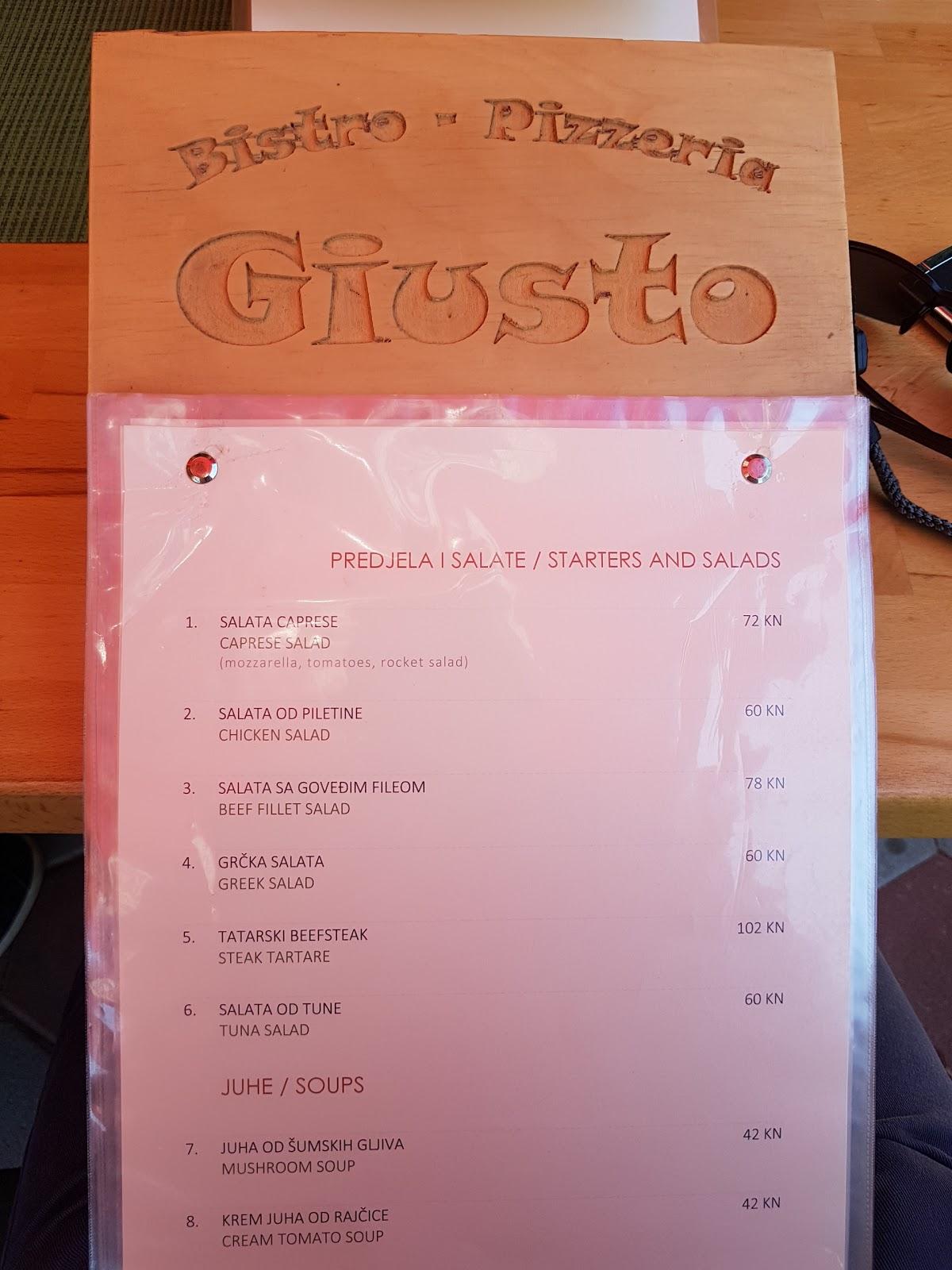 Menu at Giusto restaurant, Zaton
