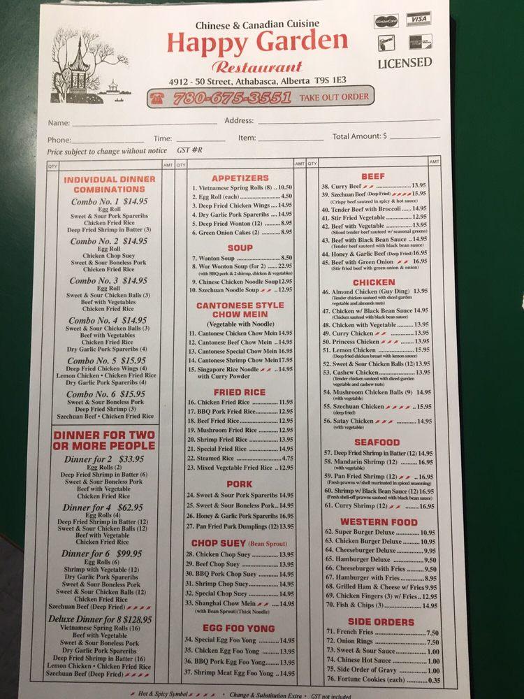 Menu at Happy Garden Restaurant, Athabasca