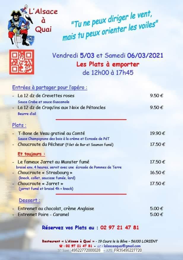 Menu au L'Alsace à quai restaurant, Lorient, 19 Cr de la Bôve
