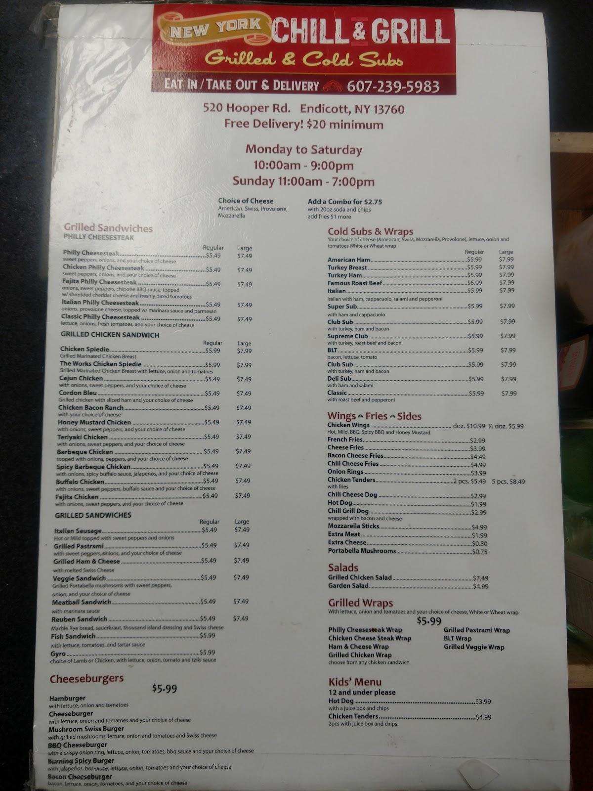 Menu at New York Chill And Grill restaurant, Endwell