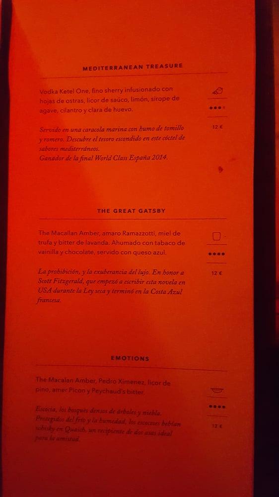 Menu at Paradiso pub & bar, Barcelona
