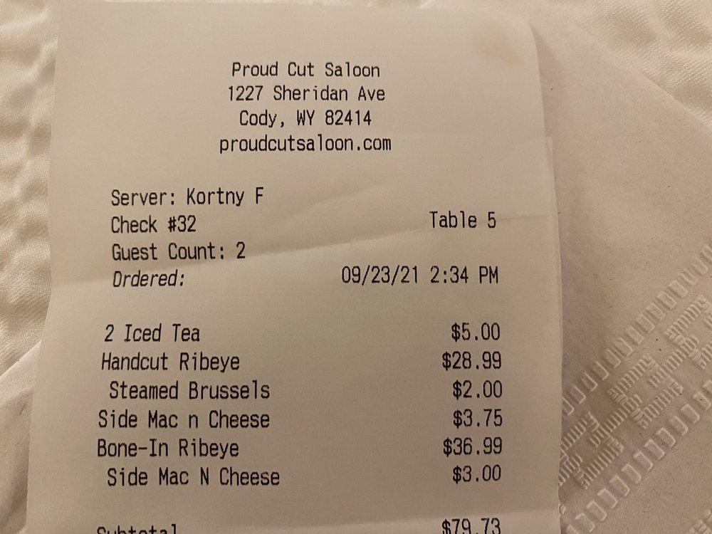 Menu at Proud Cut Saloon steakhouse, Cody, Sheridan Ave