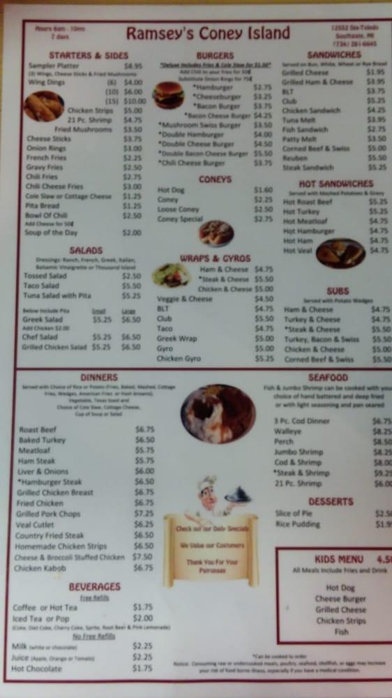Menu at Ramsey's Coney Island restaurant, Southgate, Dix Toledo Rd
