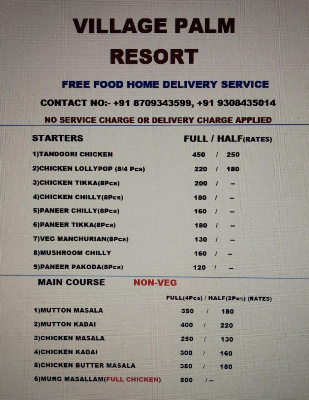Menu at Village Palm Resort, India