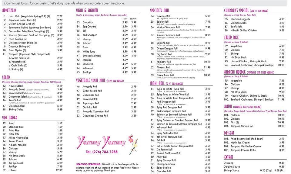 Menu at Yummy Yummy Japanese Restaurant, Marion