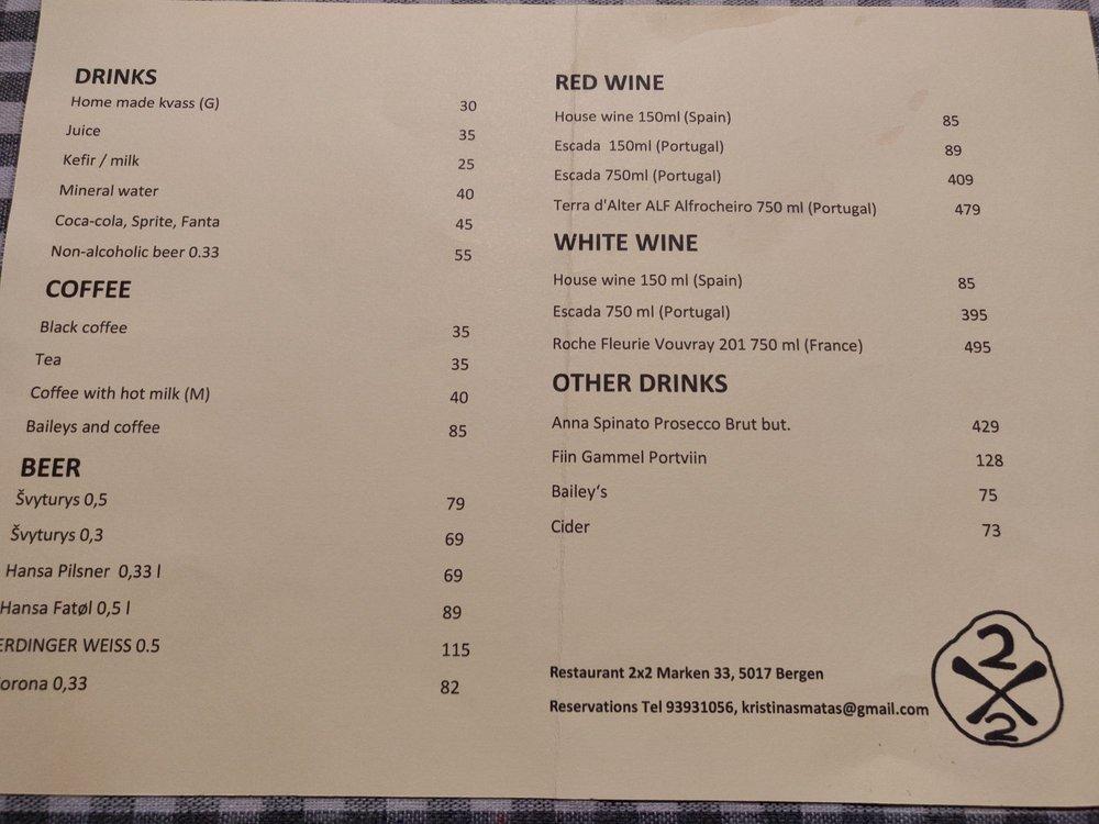 Menu at 2x2 restaurant, Bergen