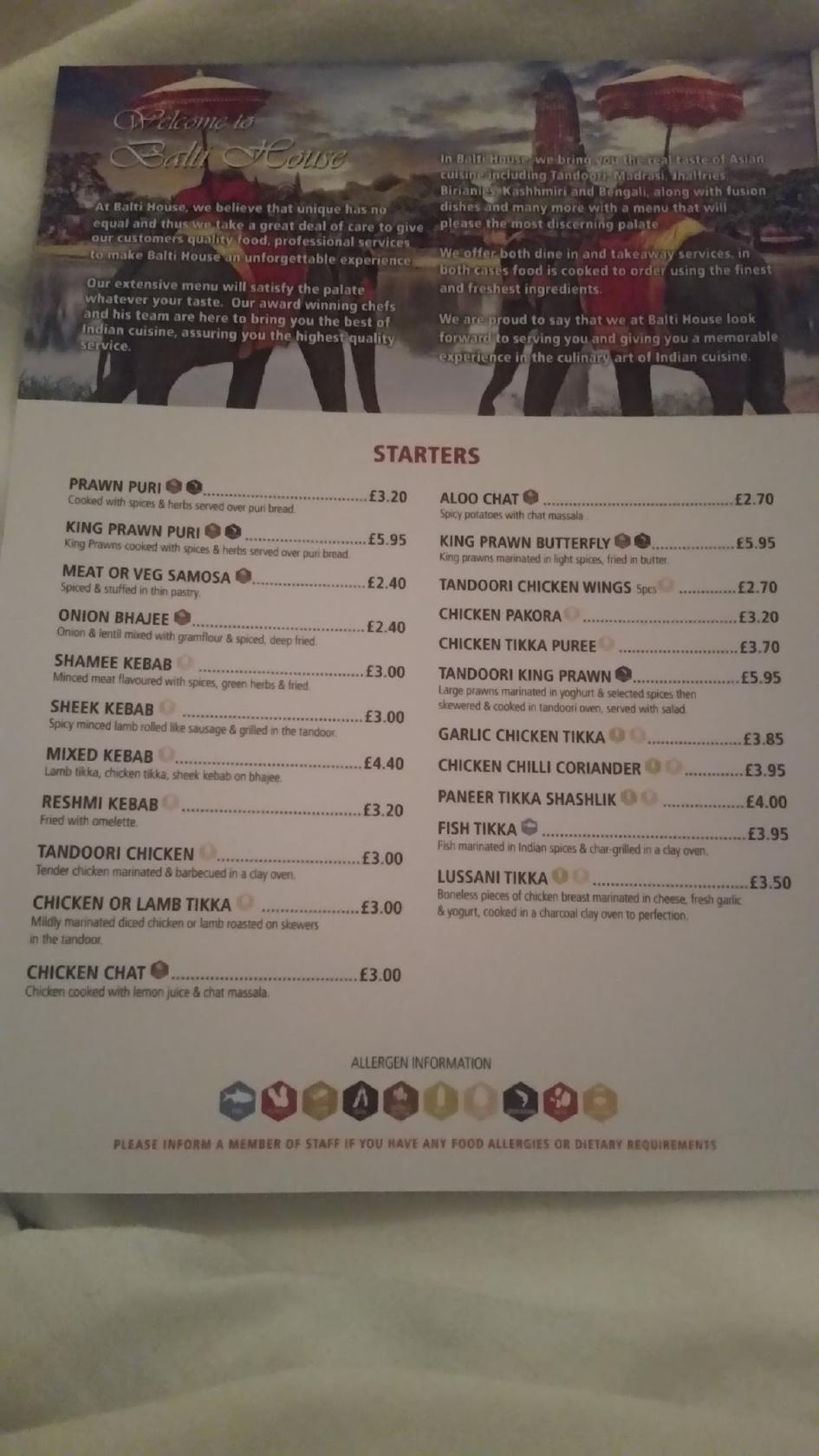 Menu at Balti House Indian Restaurant, Spilsby