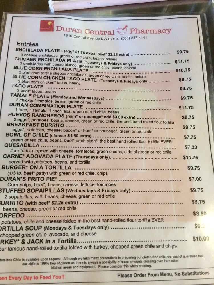 Menu at Duran Central Pharmacy restaurant, Albuquerque