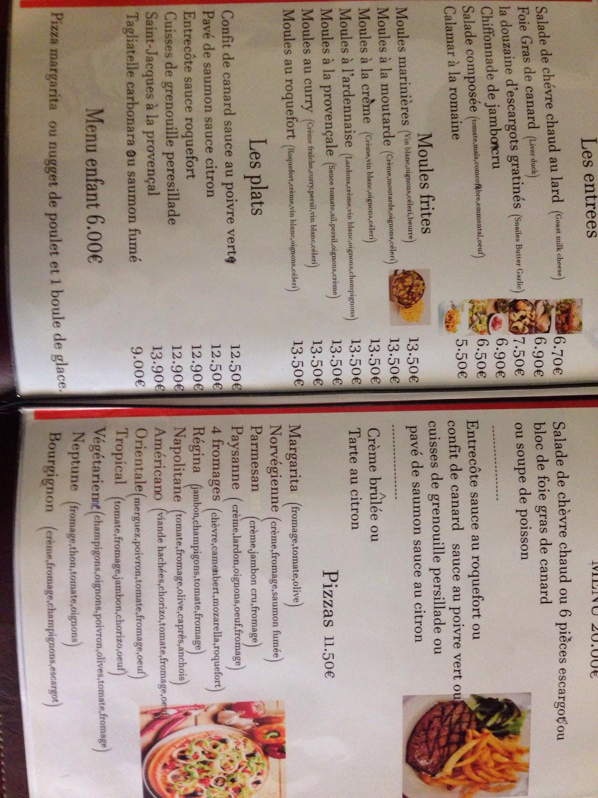 Menu at Moules-frites restaurant, Chalon-sur-Saône