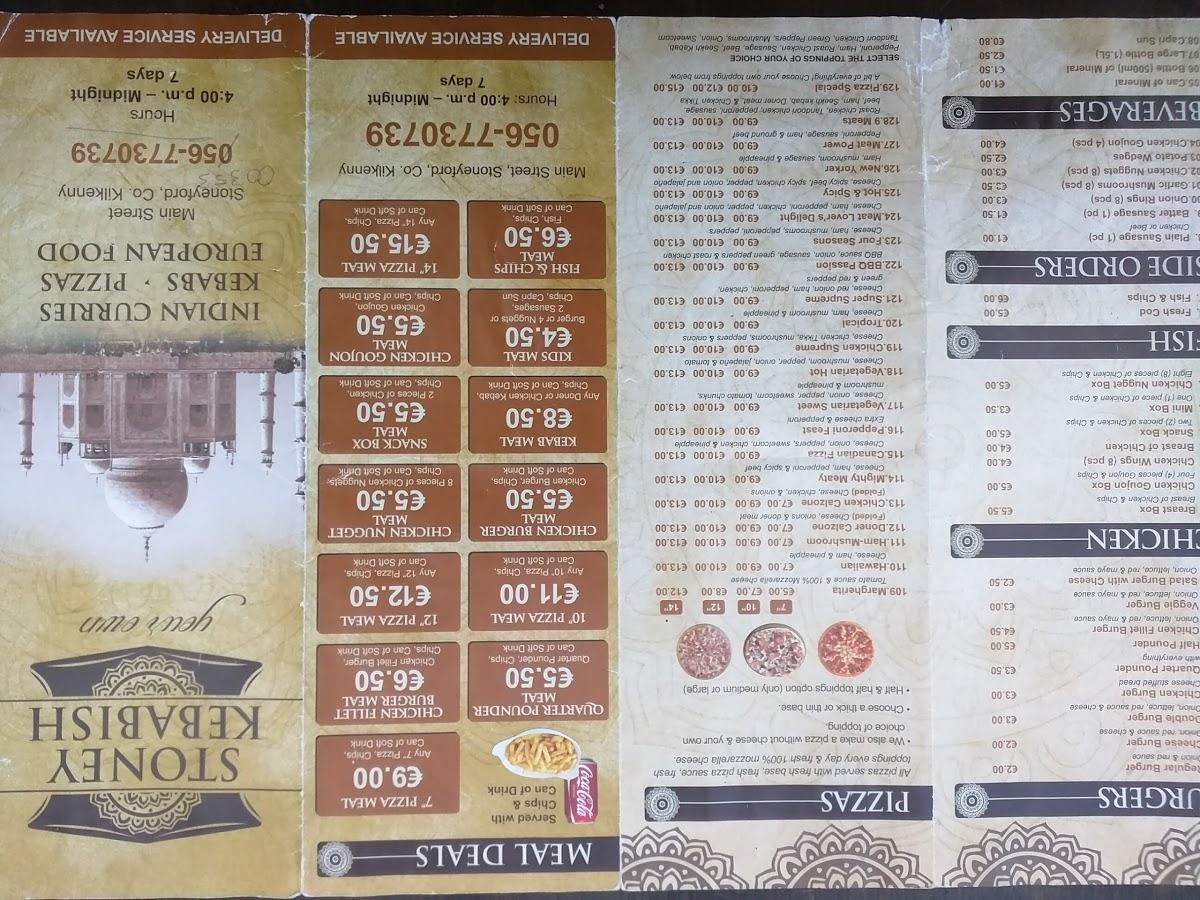Menu at stoney kebabish pizzeria, Stoneyford, Main St