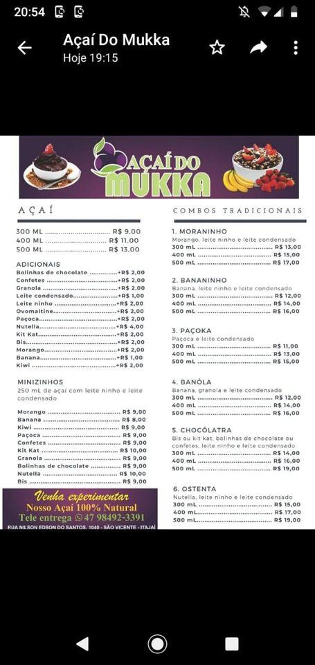 Menu at Açaí do Mukka restaurant, Itajaí