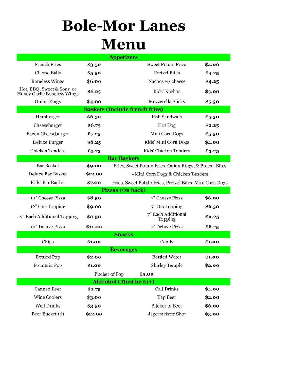 Menu at Bole Mor Lanes, Pipestone