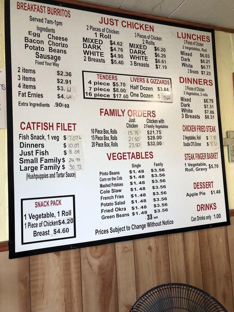 Menu at Ernie's Fried Chicken restaurant, Belton
