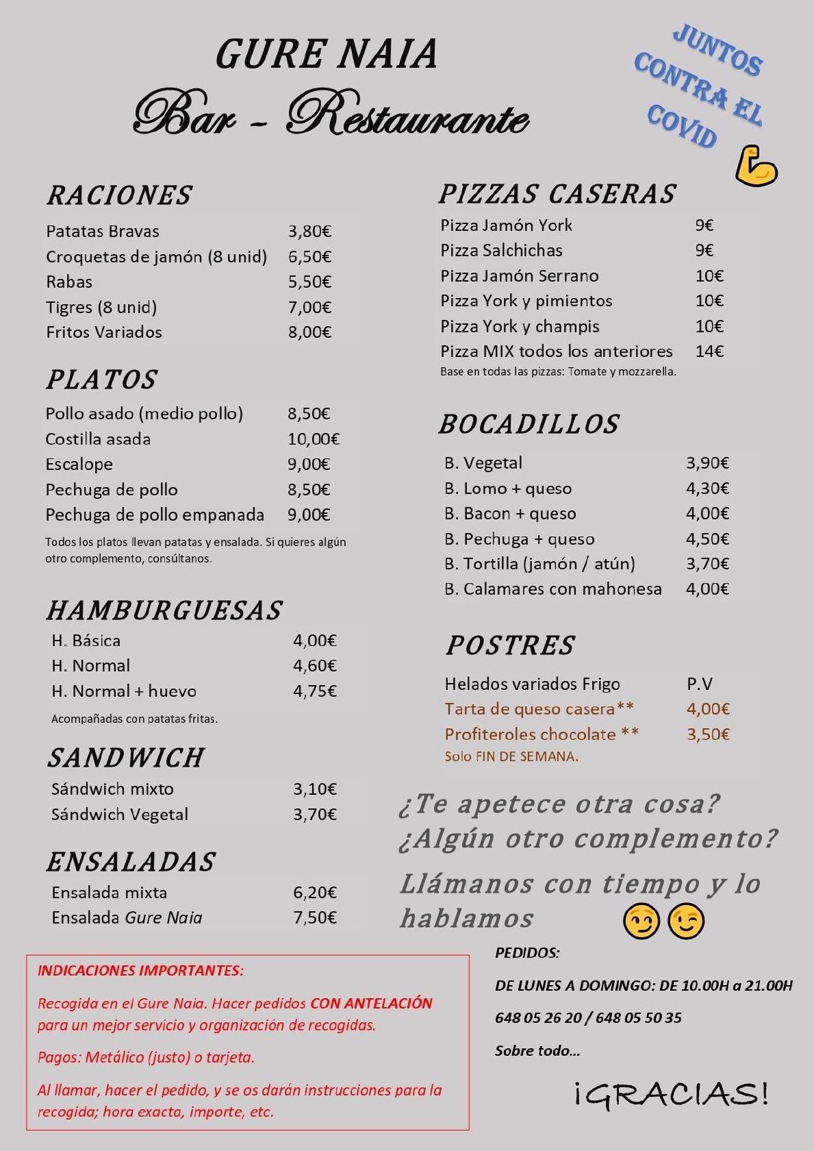 Carta del pub y bar Gure Nahia, Legazpi (Legazpia)