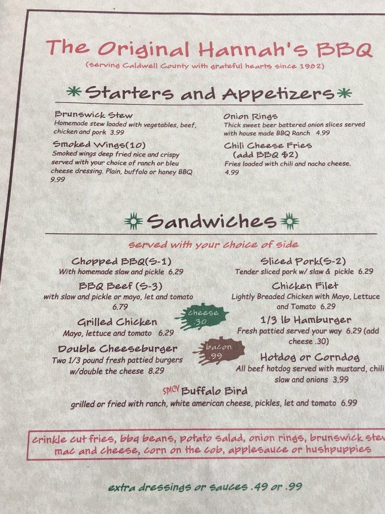 Menu at Hannahs BBQ Lenoir, Lenoir