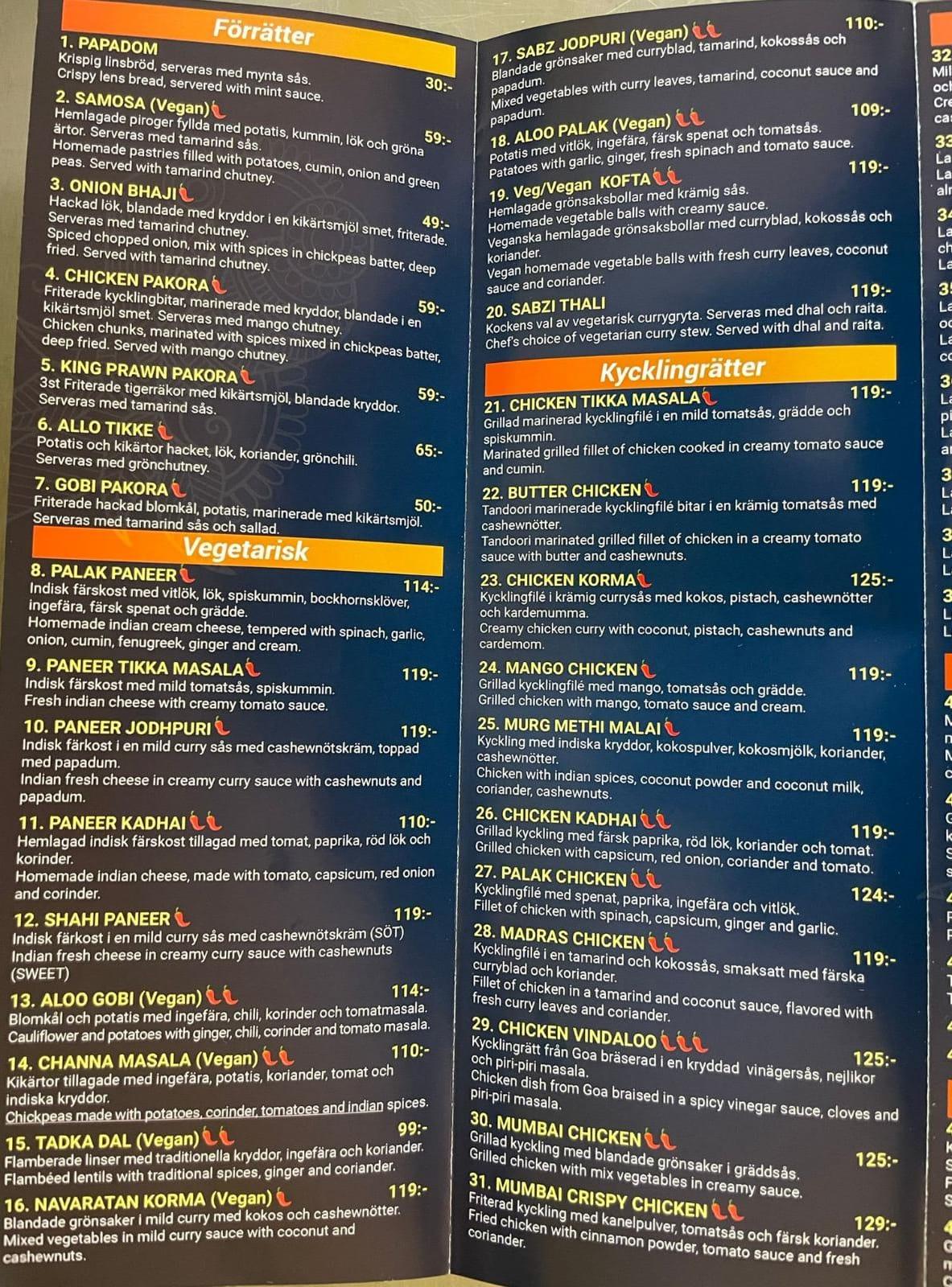 Menu at Mumbai Lounge Express restaurant, Gothenburg