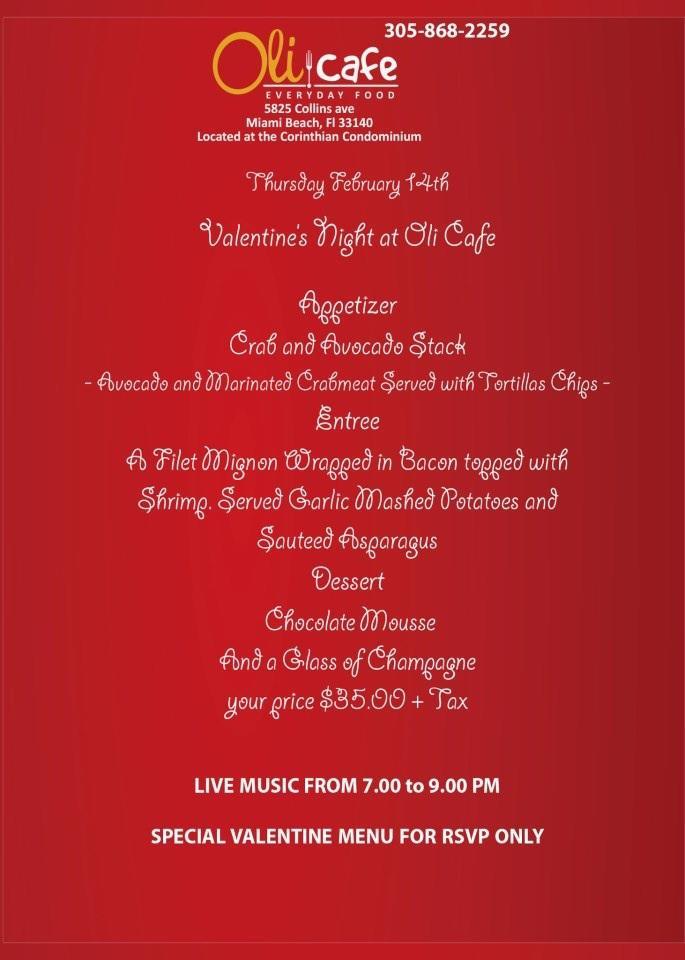 Menu at Oli Café pub & bar, Miami Beach