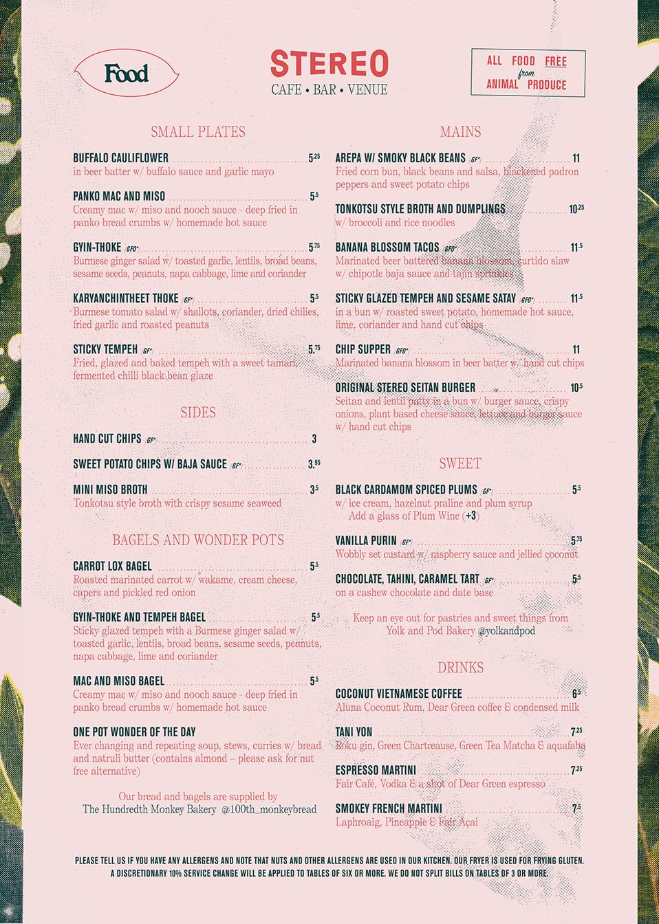 Menu at Stereo pub & bar, Glasgow