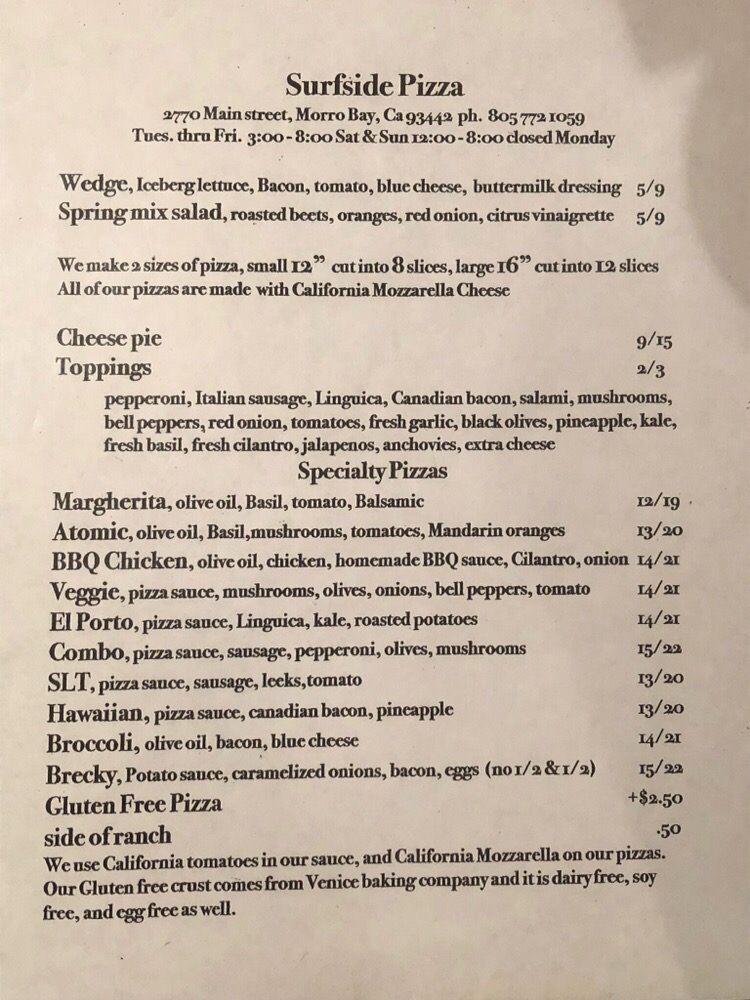 Menu at Surfside Pizza pizzeria, Morro Bay