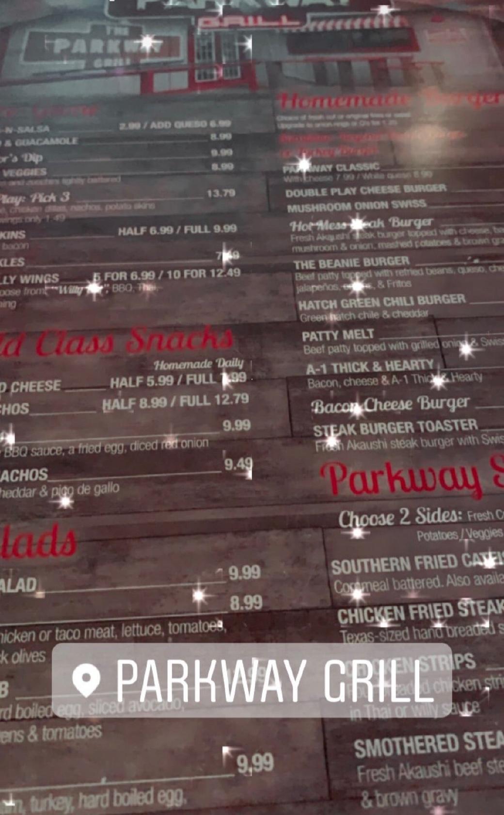 Menu at The Parkway Grill pub & bar, Wichita Falls, Southwest Pkwy