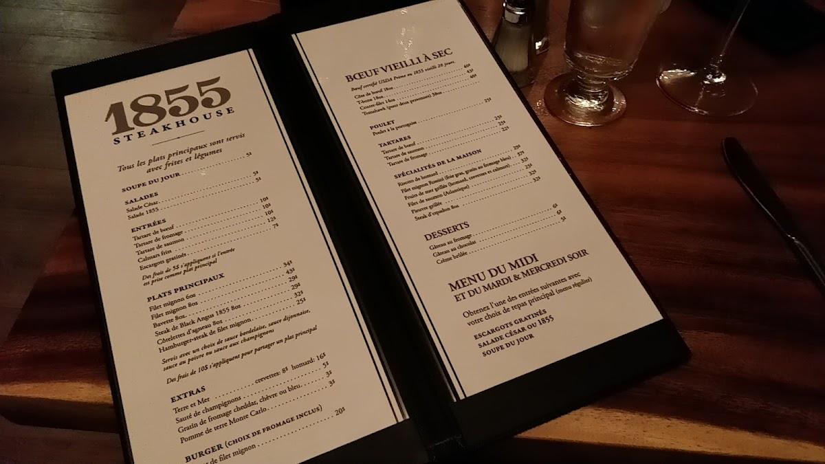 Menu au 1855 Steakhouse, Longueuil