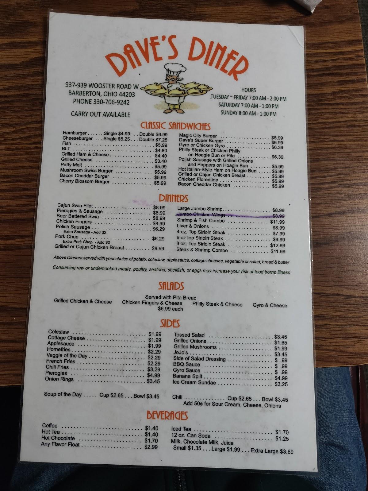 Menu at Dave's Diner restaurant, Barberton