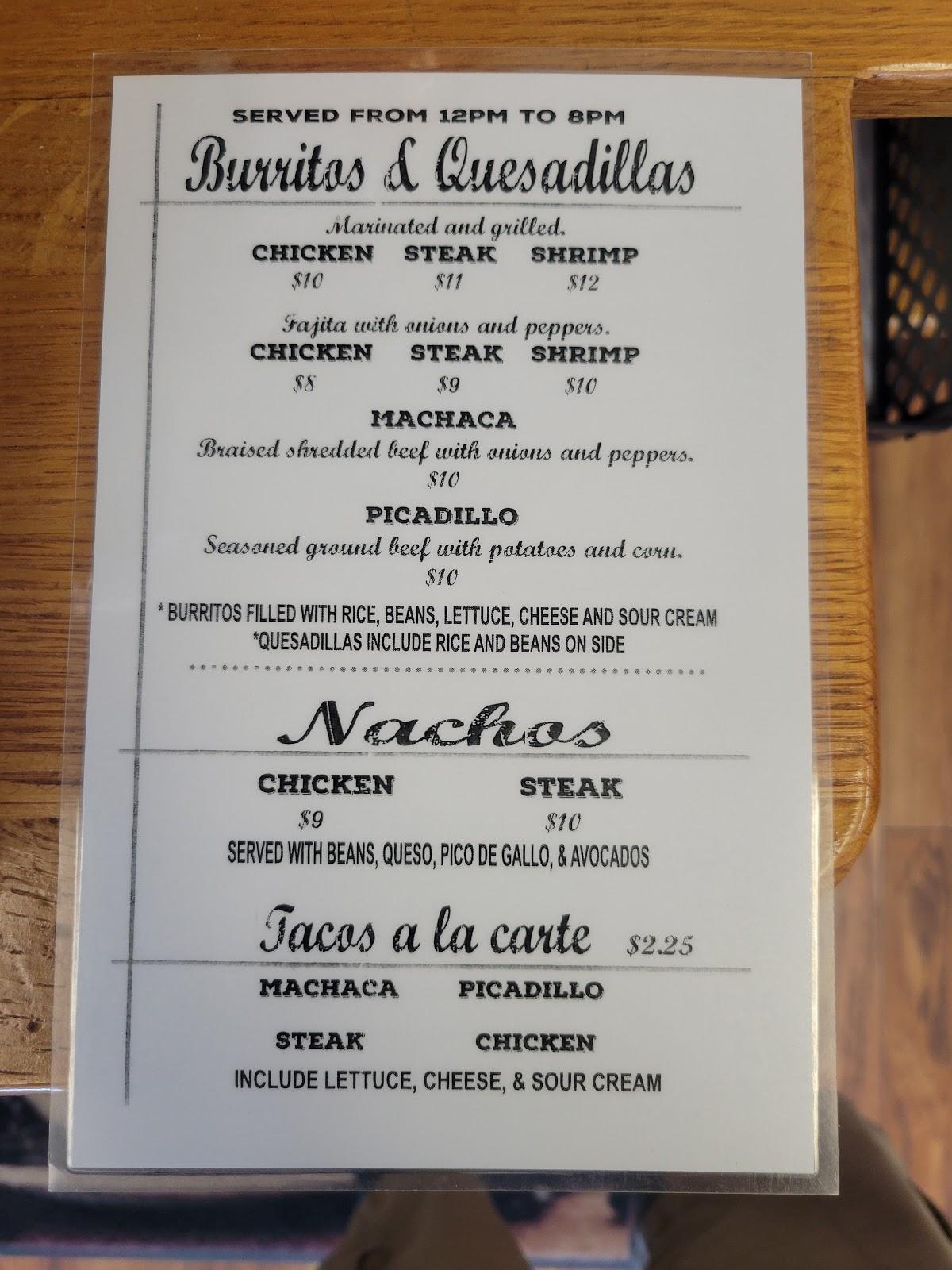 Menu at Kafe La Baja restaurant, Spicer