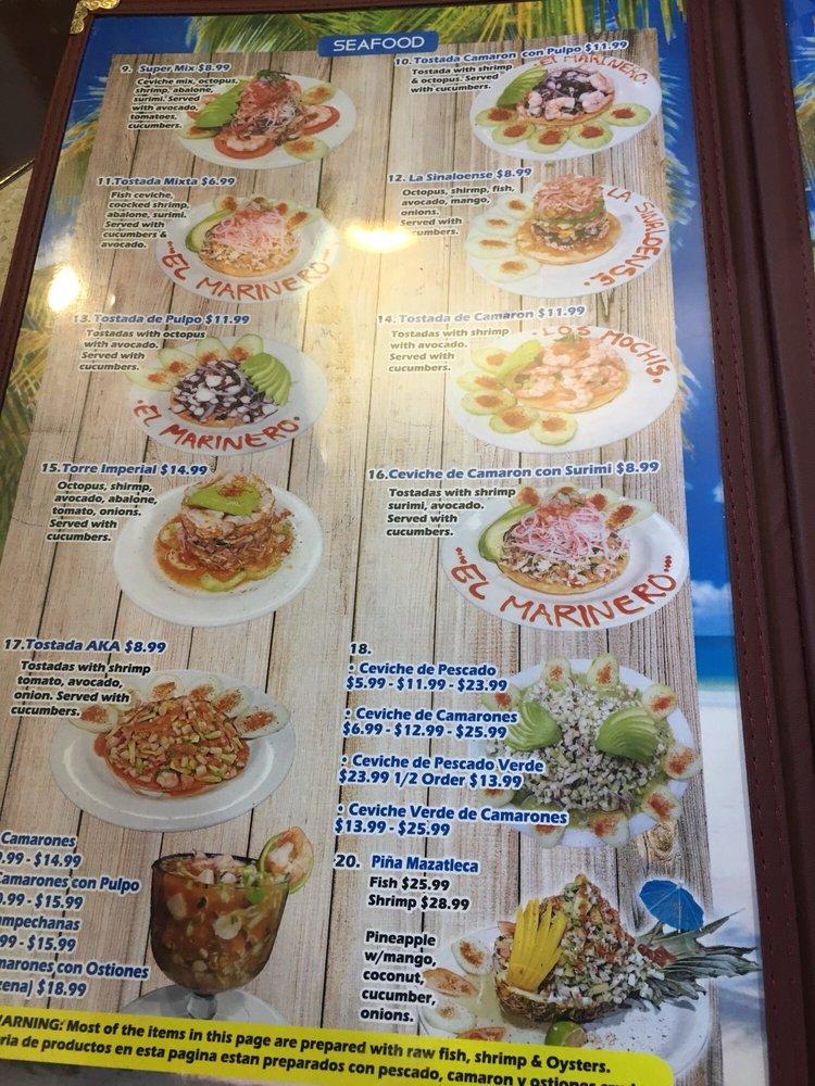Menu at Mariscos El Marinero restaurant, San Antonio, McCullough Ave