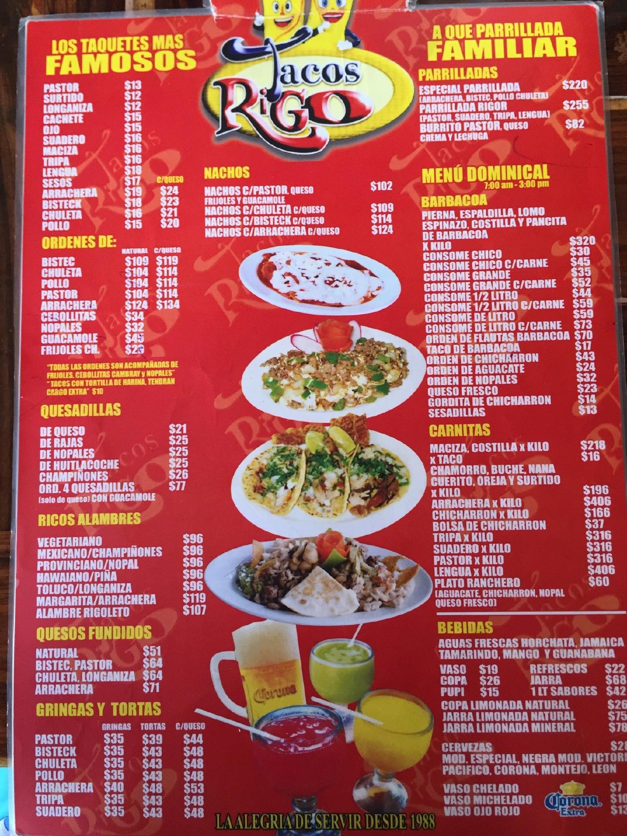 Carta del restaurante Tacos Rigo, Cancún, Playa 50 ‎ Cancun Centro Off ...
