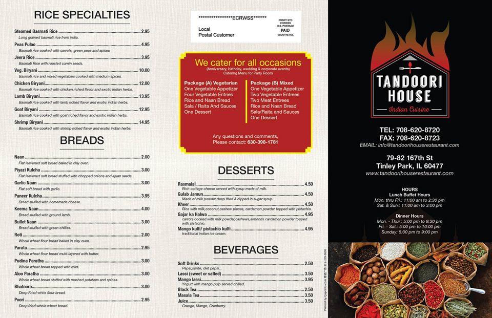 Menu at Tandoori House Indian Cuisine restaurant, Tinley Park
