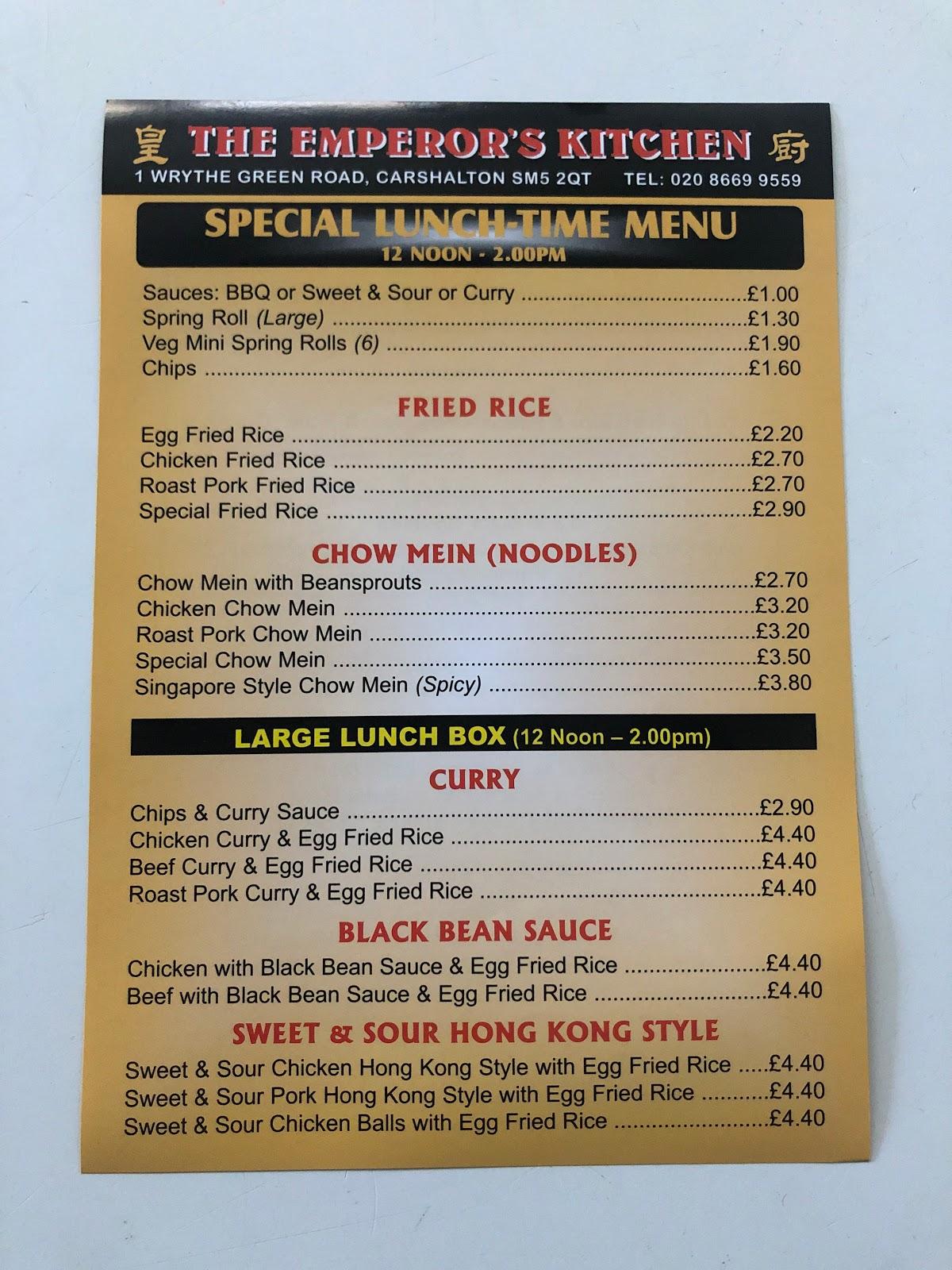 Menu at The Emperor's Kitchen restaurant, Carshalton