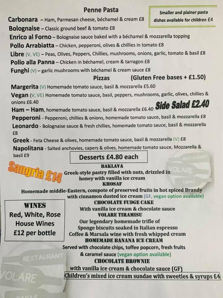 Menu at Volare Restaurant, Denby Dale