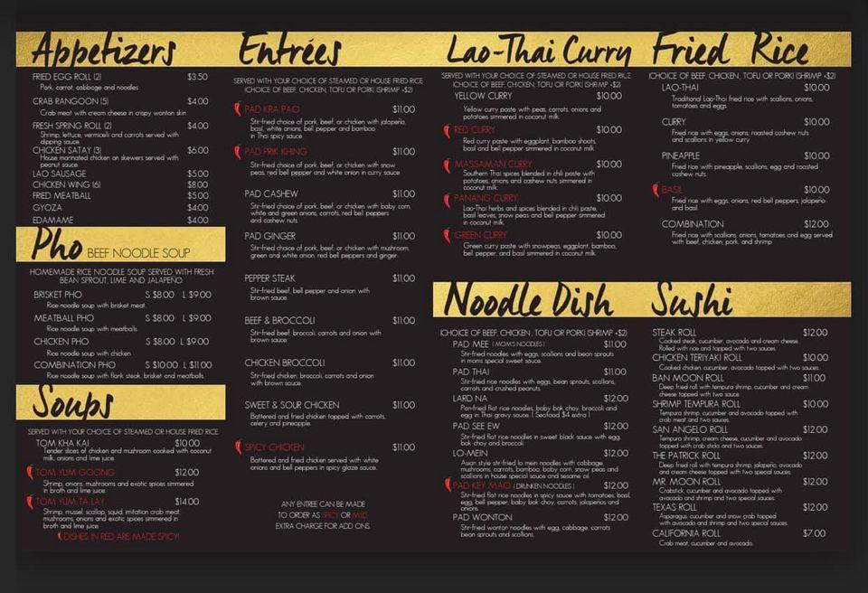 Menu at Ban Moon restaurant, San Angelo, 405 W Ave N