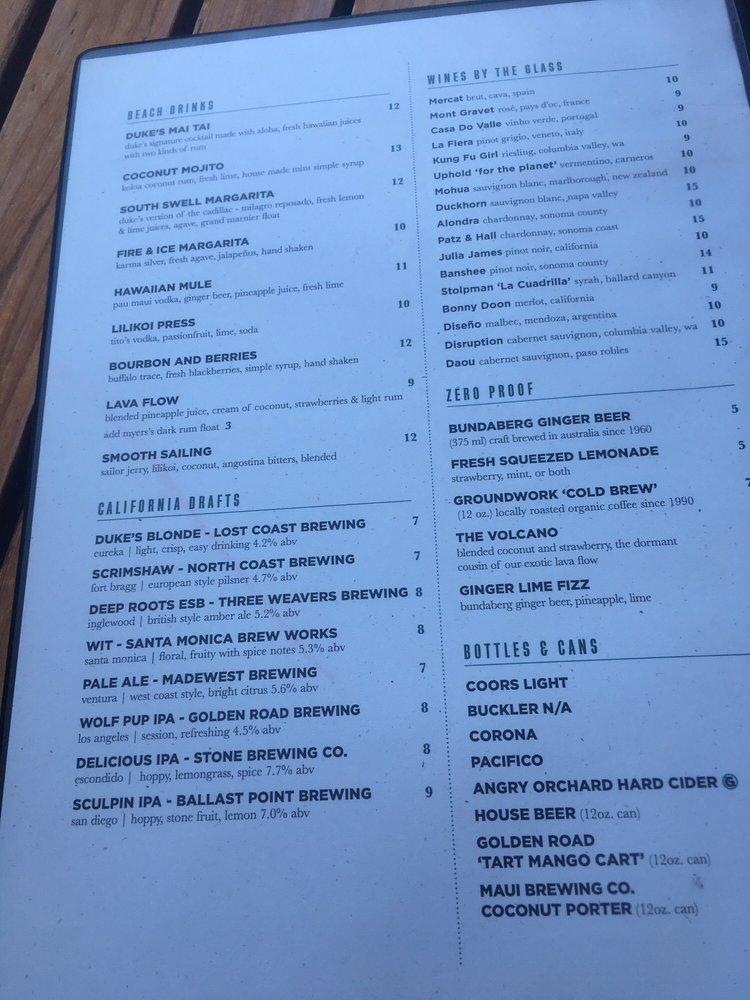 Menu at Duke's Malibu restaurant, Malibu