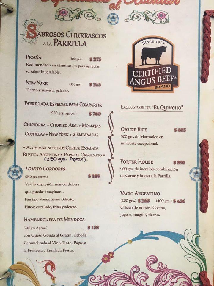 Carta de Restaurante Argentino El Quincho, Tepic