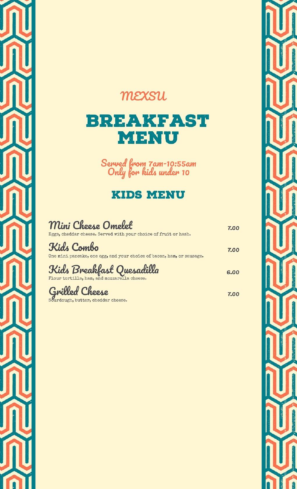 Menu at Mexsu restaurant, Yuma